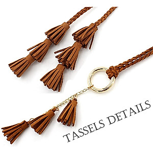 2 Pack Women Girls PU Leather Waist Belt Chain Skinny Rope with Double Tassel for Dress Skirt (1pc Black+1pc Camel)