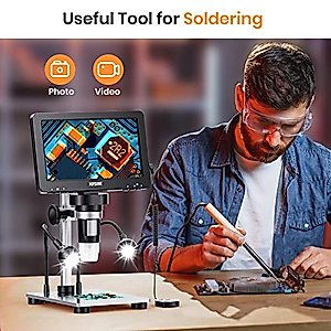 MOYSUWE MDM9 7" LCD Digital Microscope 1200X [Full Field of View] Extended Coin Microscope with 12MP Camera Sensor, 1080P HD USB Soldering Microscope with 10 LED Lights, Windows/Mac OS Compatible