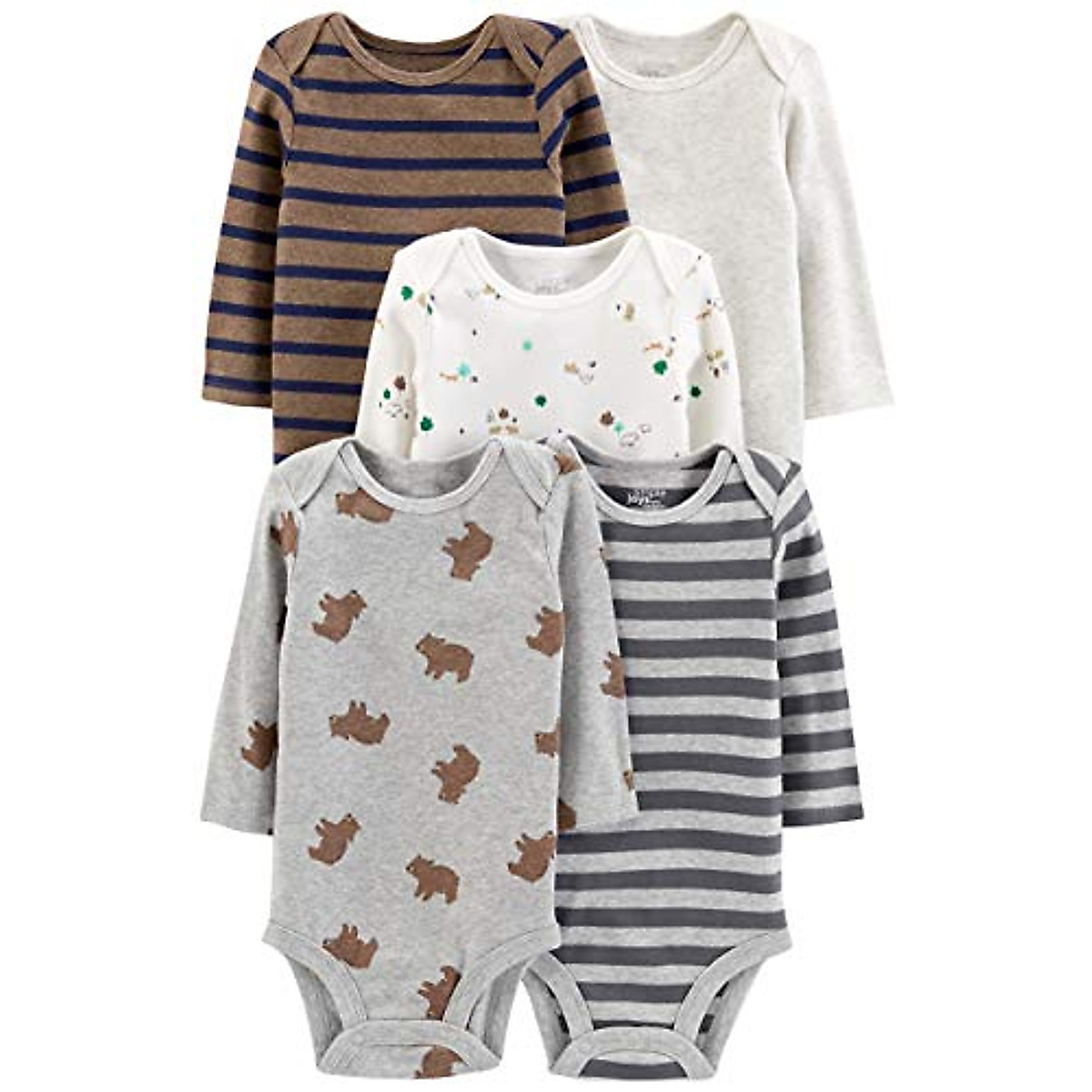 Simple Joys by Carter's Baby Boy's 5-Pack Long-Sleeve Bodysuit Shirt, bears/animals green/stripes, 3-6 Months