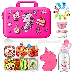 TIME4DEALS Unicorn Insulated Lunch Bag Set Bento Lunch Box for Kids, Bento-Style Leakproof 4 Compartments Lunch Container Water Bottle Ice Pack Muffin Cup Spoon Bento Box Set Kid Toddler School Lunch