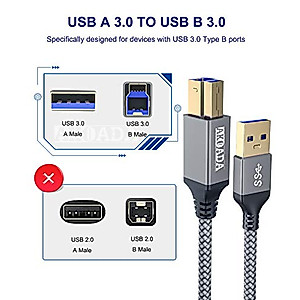 USB A to USB B 3.0 Cable (10FT), AkoaDa Durable Nylon Braided Type A to B Male Cable Compatible with Printers, Monitor, Docking Station, External Hard Drivers, Scanner, USB Hub and More Devices(Grey)