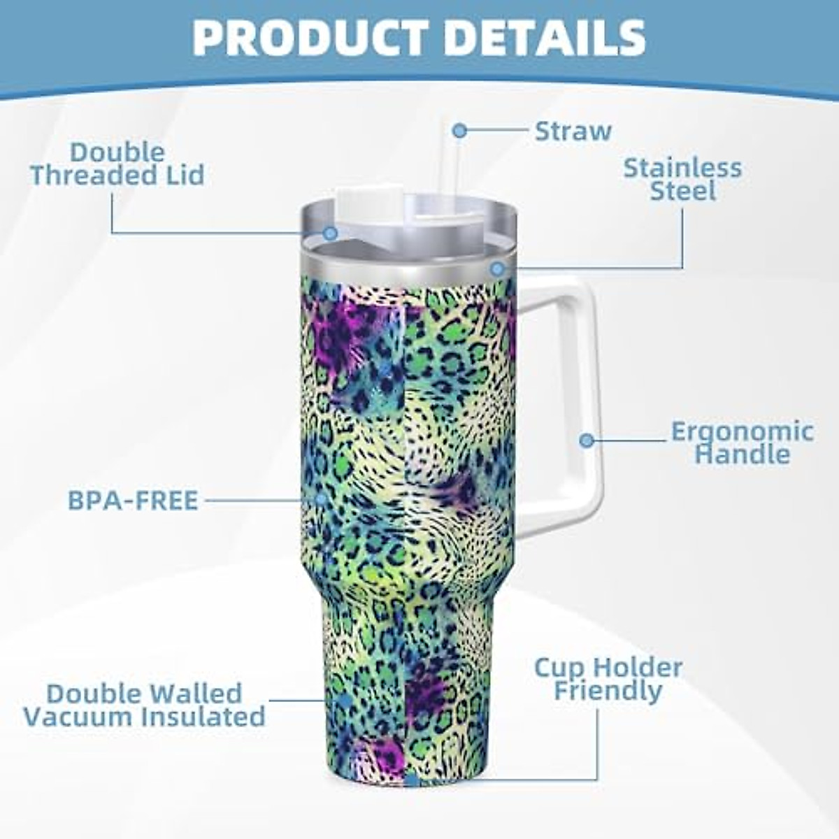 HULIBIN Green Leopard Print Double Deck Stainless Steel Travel Coffee Cup With Lid 40 Oz Ice Bully Cup