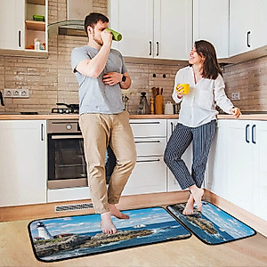 xigua 2 Pieces Cape Elizabeth Lighthouse Kitchen Rugs and Mats Set Absorbent Soft Microfiber Bath Mat Non-Slip Doormat Laundry Runner Set, 19.7"x47.2"+19.7"x27.6"