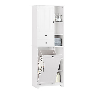 SoBuy Tall Laundry Cabinet Freestanding Storage Cabinet with Removable Basket, Narrow Storage Cabinet with Compartments and Drawers, Suitable for Bathroom, Laundry Room, White BZR104-W