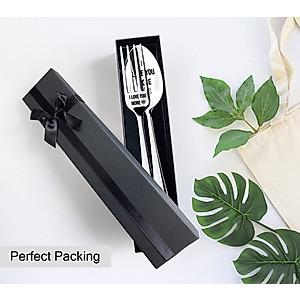 XIKAINUO 2 Pieces I Love You More Engraved Stainless Spoon and Fork, Funny Long Handle Dinner Fork Coffee Spoop with Gift Box, Birthday Valentine Couple Anniversary Spoon Gifts
