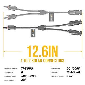 BougeRV 2 Pairs Solar Connectors Y Branch Parallel Adapter Cable Wire Plug Tool Kit for Solar Panel