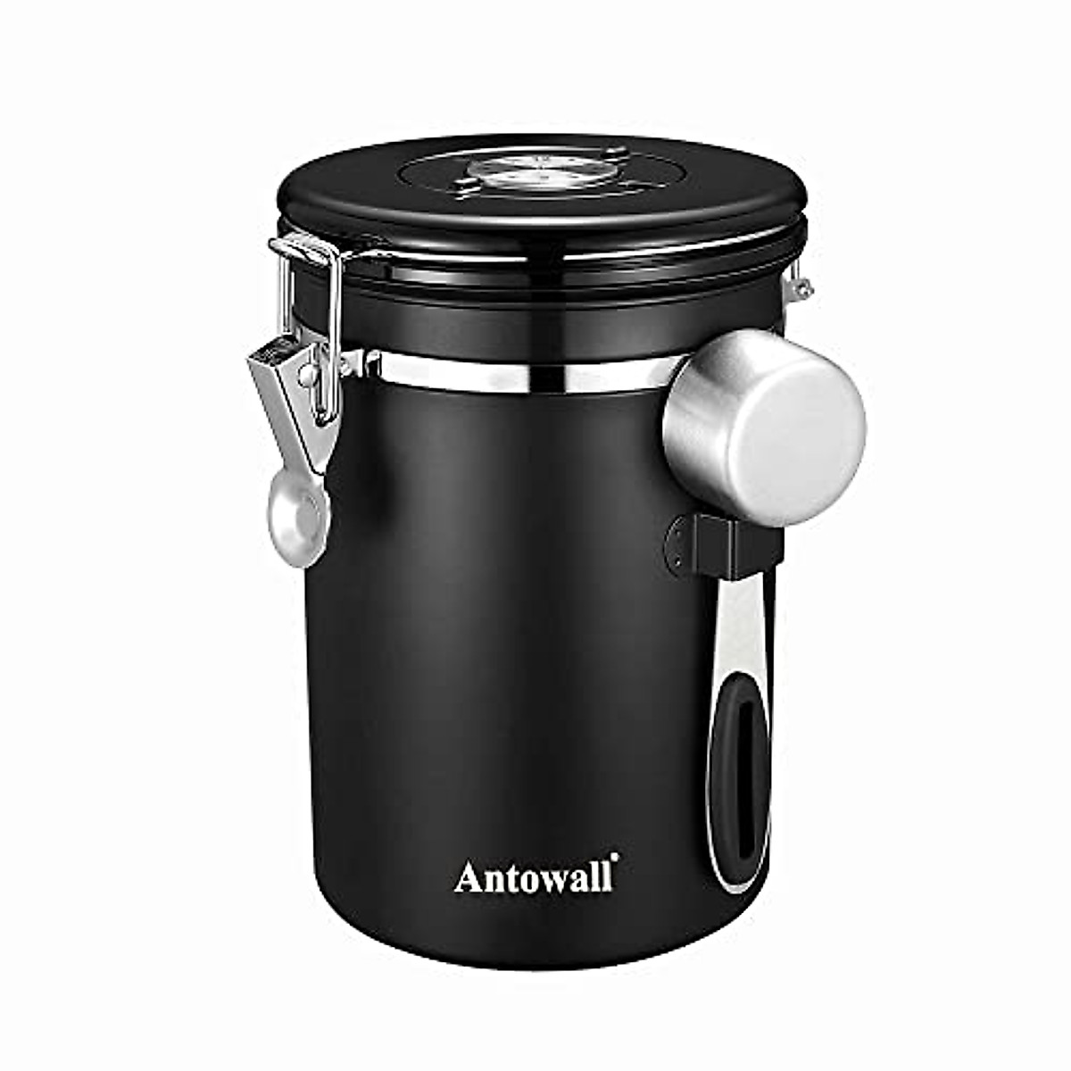 ANTOWALL Coffee Containers Stainless Steel 1.8L Coffee Jar Canister Airtight Storage Coffee Tank With Scoop & Date Tracker For Coffee Bean, Tea, Sugar, Flour (Black)