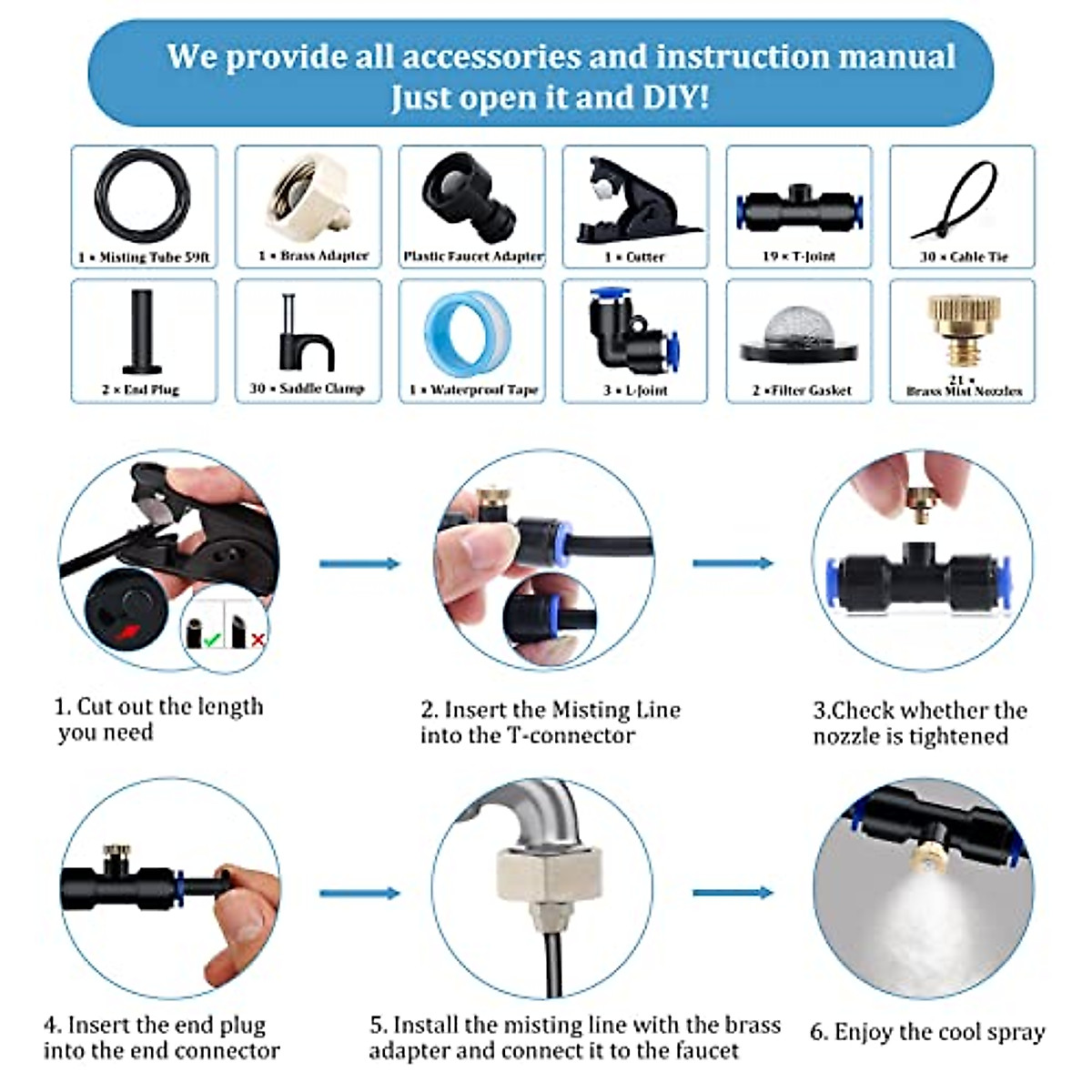DreiWasser Misters for Outside Patio 59ft, DIY Mister System for Cooling Outdoor + 19 Brass Mist Nozzles + 1 Brass Adapter (3/4"), Misting Cooling System for Backyard Porch Deck