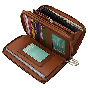 MARSHAL Genuine Leather Womens RFID Blocking Security Double Zip-around Indexer Phone Wallet (Tan)