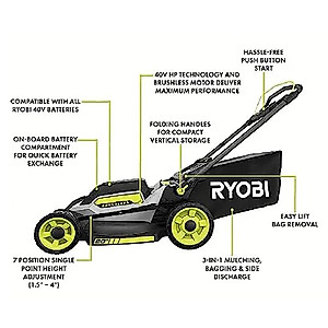RYOBI ONE 40V HP Brushless 20 in. Cordless Walk Behind Push Mower (Battery & Charger Not Included) Gray, RY401017 (Renewed)