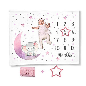 Elephant Baby Milestone Blanket Headband, Month Marker, Newborn Photography Background Mat Photo Prop, Calendar Growth Tracker Chart, I Love You to The Moon and Back Stars Nursery (Pink, Minky 50x40)