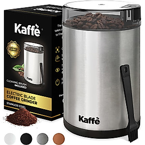 Kaffe Coffee Grinder Electric - Spice Grinder w/Cleaning Brush, Easy On/Off - Perfect for Espresso, Herbs, Spices, Nuts, Grain - 3.5oz / 14 Cup. Stainless Steel