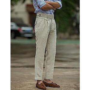 Snoly Men's Summer Retro Lightweight Linen Gurkha Trousers Tapered Leg Straight Flat Front Chino Pant (as1, Alpha, l, Regular, Regular, Beige, Regular)