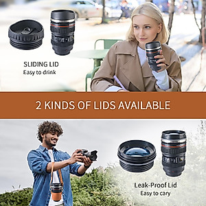 Newvenper Camera Lens Coffee Mug, 304 Stainless Steel Lens Insulated Travel Coffee Mug, BPA Free, Leak Proof, with 2 Lids, for Hot and Cold Drinking Coffee, Tea and Beer, 13.5floz