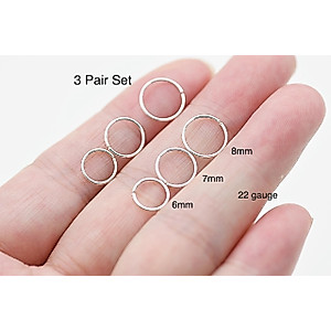 3 Pairs Handmade 925 Sterling Silver Nose Ring Hoop Small Hoop Earrings set for Cartilage Tragus Helix Multiple Piercing Jewelry 6mm 7mm 8mm