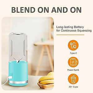 BESNOOW Portable Blender, Personal Blender for Shakes and Smoothies, 4000mAh USB Rechargeable, BPA Free 15.2 Oz 450ML Juicer Cup with 6 Blades and Lid, Portable Juicer for Kitchen/Travel/Gym(Blue)