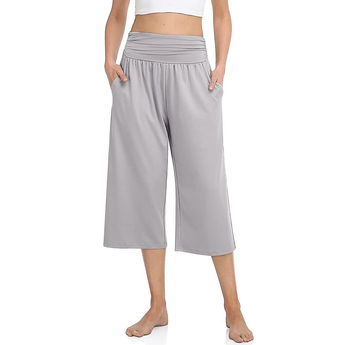 TARSE Women's High Pleated Waisted Capri Pants Casual Wide Leg Grey Yoga Pants Loose Soft Pajamas with Pockets Sweatpants Light Gray 2XL XXL