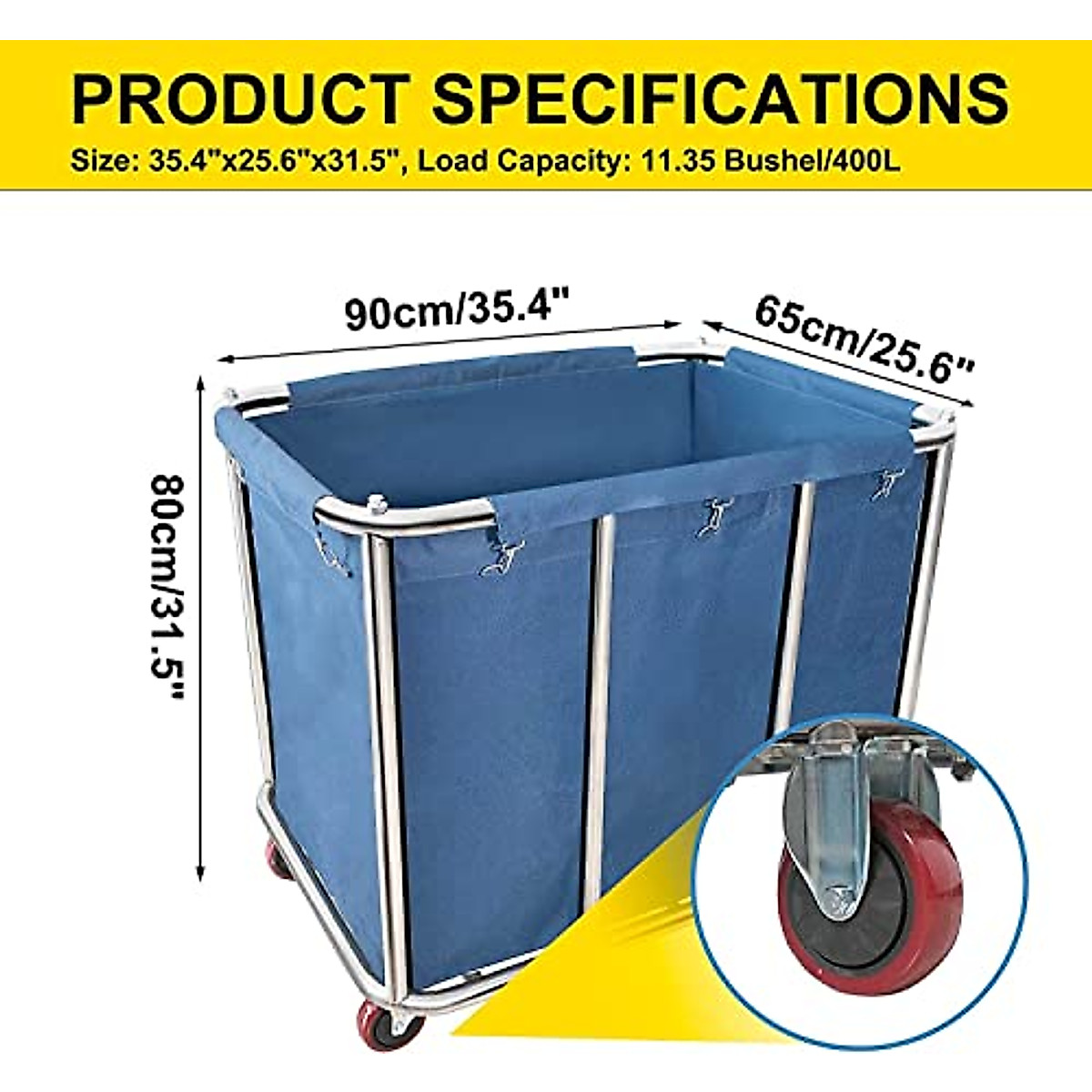 11.35 Bushel Industrial Rolling Laundry Cart,Commercial Laundry Basket Household,Large Heavy Duty Laundry hampers with Wheels,for Hotel/Laundry/School/Home,35.4''Lx25.6''WX31.5''H,400L
