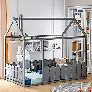 House Bed Frames with Pine Wood Roof and Fence for Kids, Teens, Boys or Girls, Box Spring Needed(Slats Kit Not Included) Platform, Twin, Gray