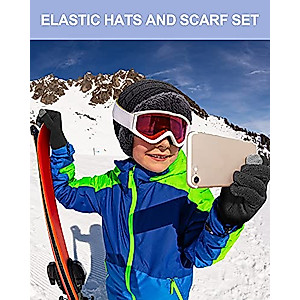 6 Pieces Kids Winter Hat Glove Scarf Sets Knitted Toddler Cap Beanie Touchscreen Mitten Neck Warmer for Boys Girls 5-14 Years (Grey, Black)