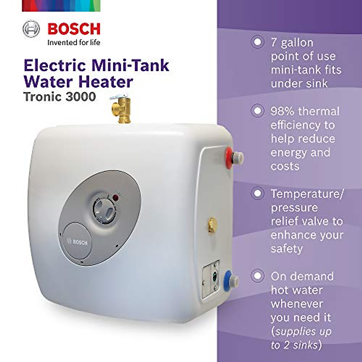Bosch Electric Mini-Tank Water Heater Tronic 3000 T 7-Gallon (ES8) - Eliminate Time for Hot Water - Shelf, Wall or Floor Mounted