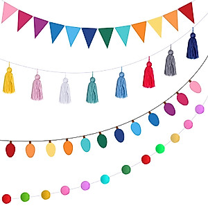 4 Pieces Colorful Garland Banner Felt Balls Garland Tassel Triangle Flags Light Bulb Banners for Christmas Holiday Wedding Party Wall Decorations