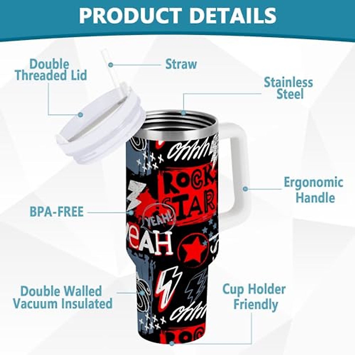 Emelivor Headphones Stars Black 40 oz Tumbler with Lid and Straw Insulated Tumblers with Handle Leak Proof Travel Coffee Mug Water Cup Bottles Fits in Car Cup Holder