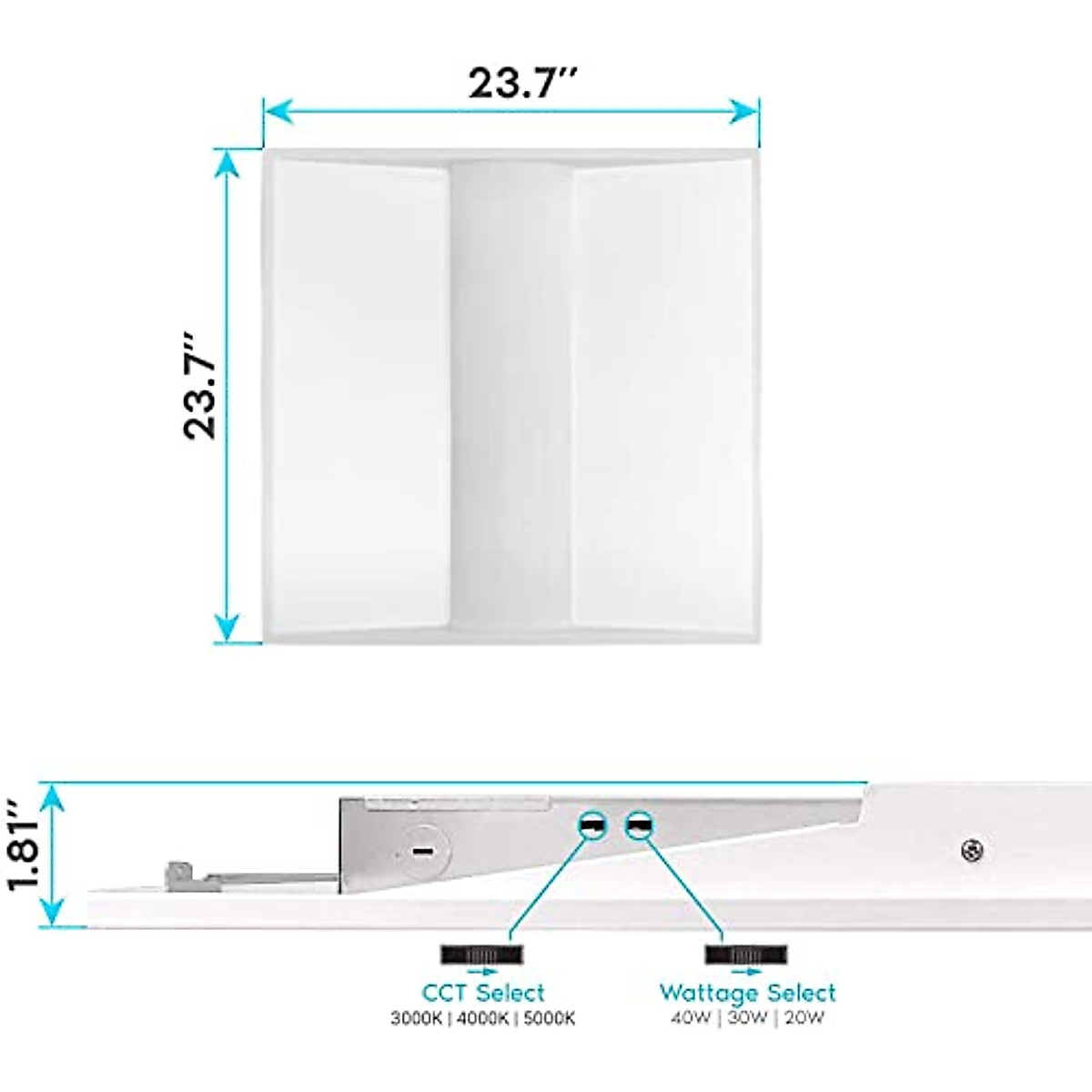 2x2 LED Troffer Center Basket Panel, Color Tunable 3000K/4000K/5000K, Watt Adjustable 20W/30W/40W-Up to 5000 Lumens, 0-10V Dimmable, 100-277V-ETL&DLC Qualified, 4-Pack