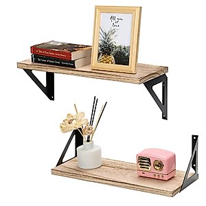 KINLINK Floating Shelves Wall Mounted, Wood Rustic Wall Shelves Set of 2 for Living Room/Bathroom/Bedroom/Kitchen/Farmhouse,Carbonized Black