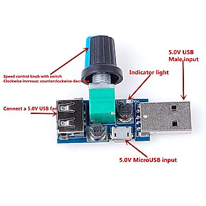 USB Fan Speed Controller, DC 5V Stepless Mini USB Fan Governor DC 4-12V to 2.5-8V 5W Regulator Speed Control Knob with Switch(3PCS)