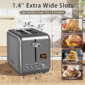 SEEDEEM Toaster 2 Slice, Stainless Steel Bread Toaster with Colorful LCD Display, 7 Bread Shade Settings, 1.4'' Wide Slots Toaster with Bagel/Defrost/Reheat Functions, Removable Crumb Tray, 900W, Dark Metallic