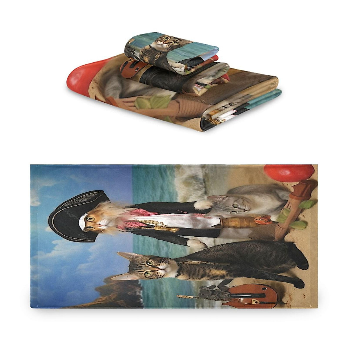 Flradish Pirate Captain Cat Towels 3 Pack Bath Towels for Bathroom Set Soft Cotton Highly Absorbent Lightweight & Quickdry Towel Set 1 Bath Towel,1 Hand Towel,1 Washclothe