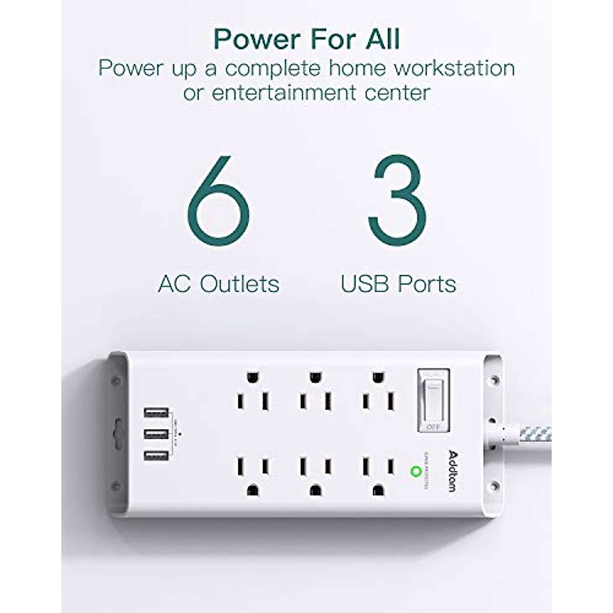 Addtam Power Strip Surge Protector 6 Outlets and 3 USB Ports 5Ft Long Extension Cord, Flat Plug Overload Surge Protection Outlet Strip, Wall Mount for Home, Office and Dorm