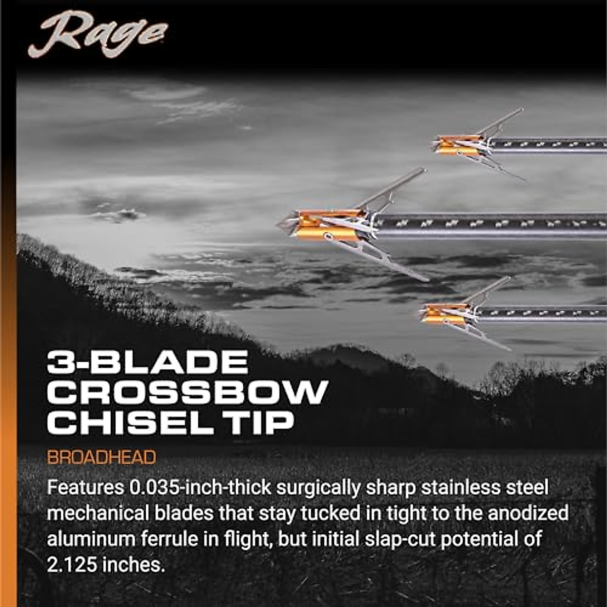Rage 3 Blade Chisel Tip X Crossbow Broadhead 1.6" Cut, Orange (60200)