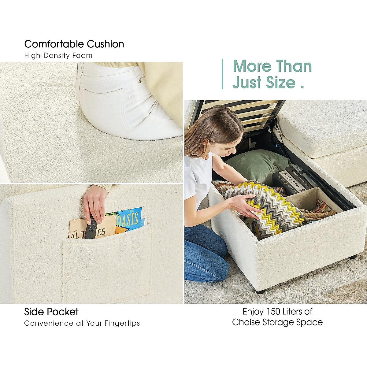 VanAcc Sleeper Sofa, 112 Inch Pull Out Sofa Bed with Storage Chaise & 3 Seater, Oversized U Shape Sectional Couch with Pull Out Bed, White Boucle Couch