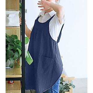 losofar Soft Cotton Linen Apron Cross Back X-Shaped Japanese Style Pinafore Dress for Cooking, Housewarming, Daily Chores (darkblue, (28.3"x 35.4"))