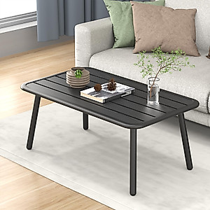 C-Hopetree Small Rectangle Metal Outdoor Side Coffee Table for Outside Patio, Black Slat Top