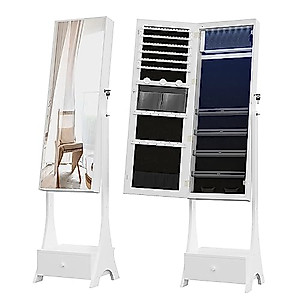 Hzuaneri 8 LEDs Jewelry Cabinet, 42.5" Tall Frameless Mirror Jewelry Armoire, Freestanding Makeup Jewelry Storage with 1 Drawer, 5 Shelves, Jewelry Organizer, White and Black JC14803B