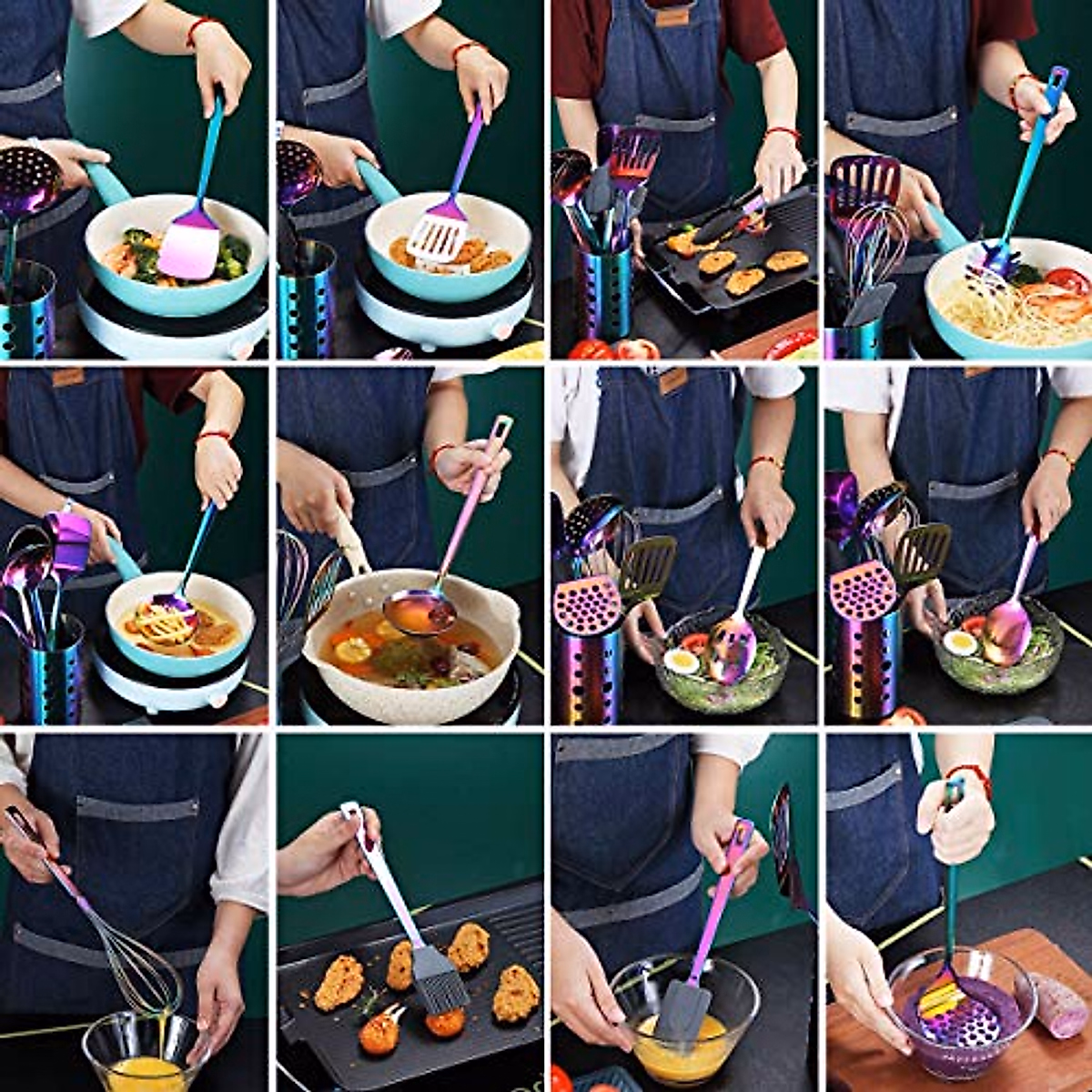 Rainbow Kitchen Utensils Set,13 Pieces Stainless Steel Cooking Utensils Set With Titanium Rainbow Plating,Kitchen Tools Set With Utensil Holder For Non-Stick Cookware Dishwasher Safe (13 Packs)