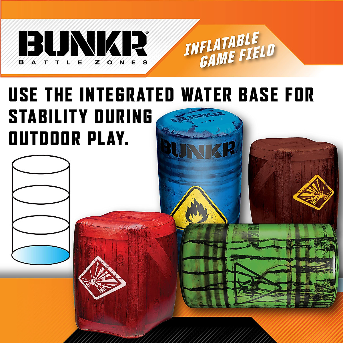 BUNKR BattleZones Battle Royale Inflatable Bunker Fort - 4 Piece Barricade Shield Set Crates and Barrels - Perfect for NERF Party