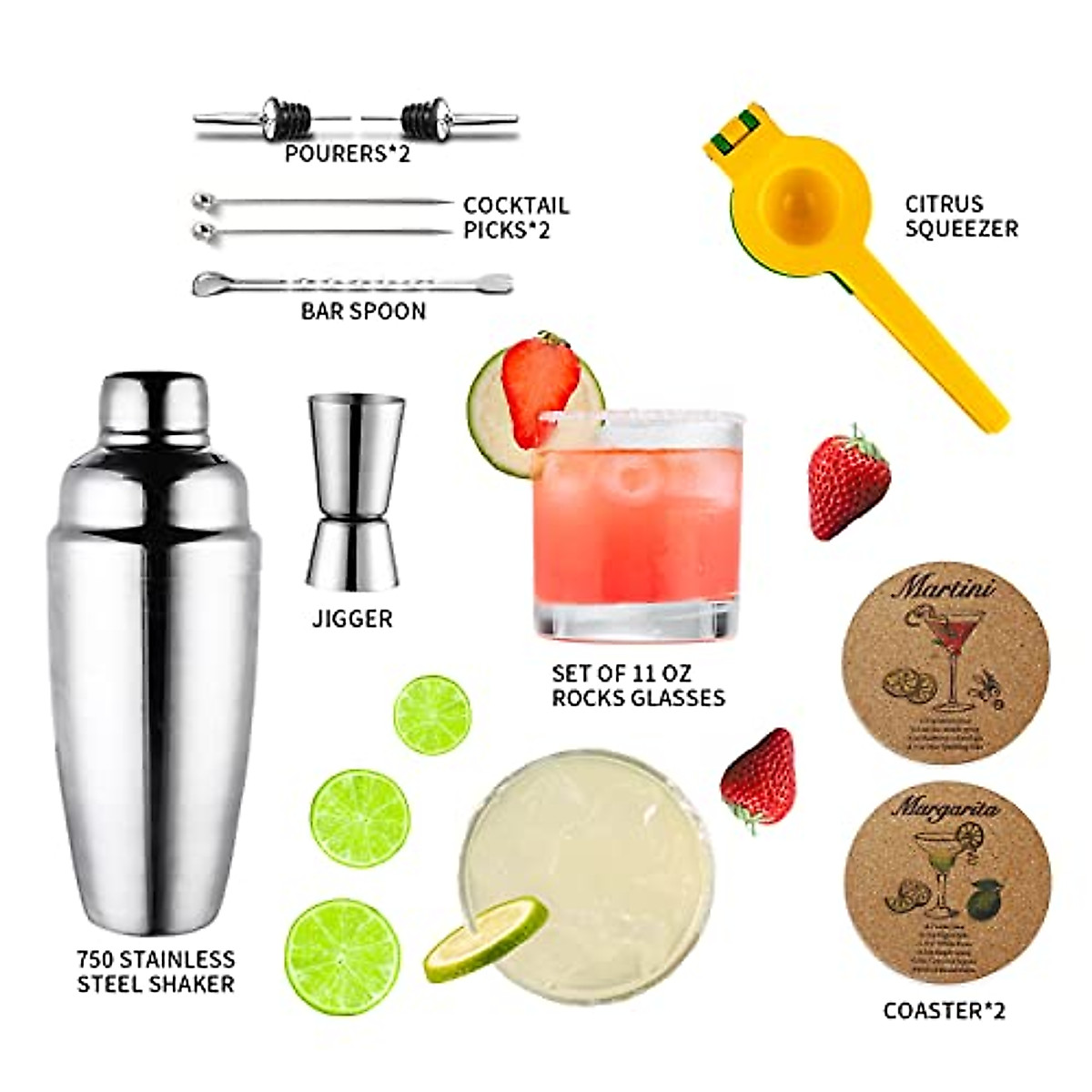 USEEKRIL Margarita Cocktail Kit - Set of Rocks Glasses | Stainless Cocktail Shaker | Jigger|Bar Spoon|Citrus Squeezer | Coasters | Pourers | Cocktail Picks | Accessories to Craft Margaritas at Home!