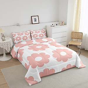 Manfei Girly Pink Bedding Set for Boys Girls, 70s Groovy Daisy Flowers All Season Cozy Comforter Set Full Size, Cute Cartoon Floral Duvet Set Bedroom Décor,Gift for Kids