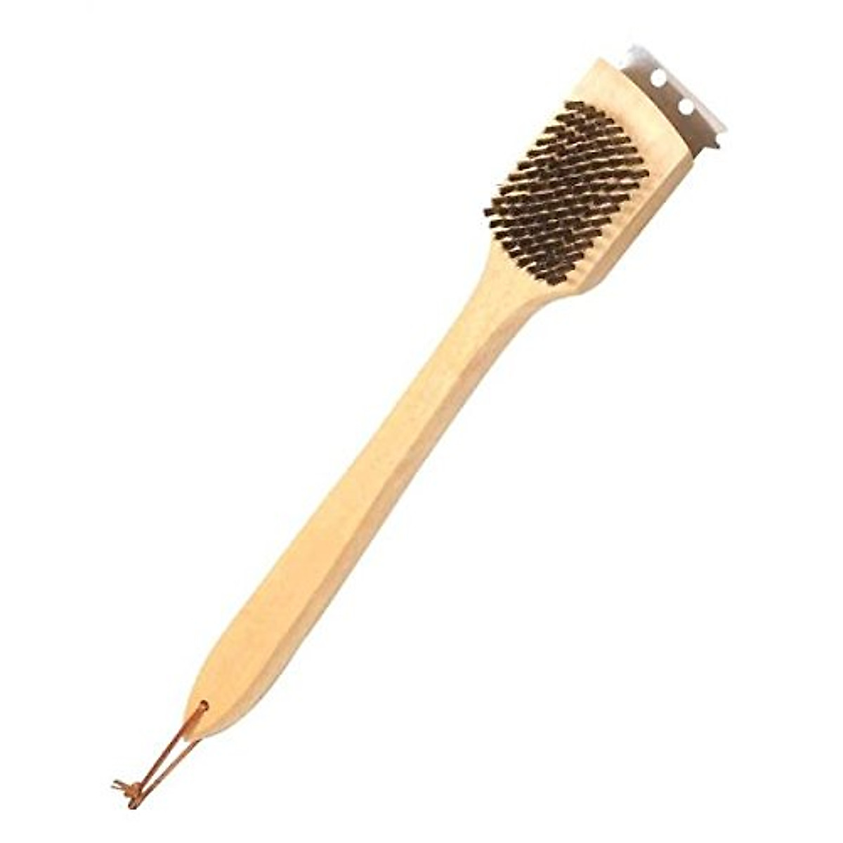 Rocky Mountain Goods Wooden Handle Grill Brush with Scraper - Long Solid Wood Handle - Stainless Steel Bristles - Non Scratch BBQ Grill Brush - Works for All Grill Types - Leather Hang Loop