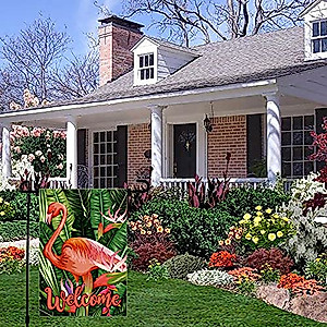 Flamingo Welcome Garden Flag, Flamingo and Banana Leaf Garden Flag, Summer Tropical Theme Party Yard Sign Lawn Sign, 12 x 18 Inch Double Side Home Decor