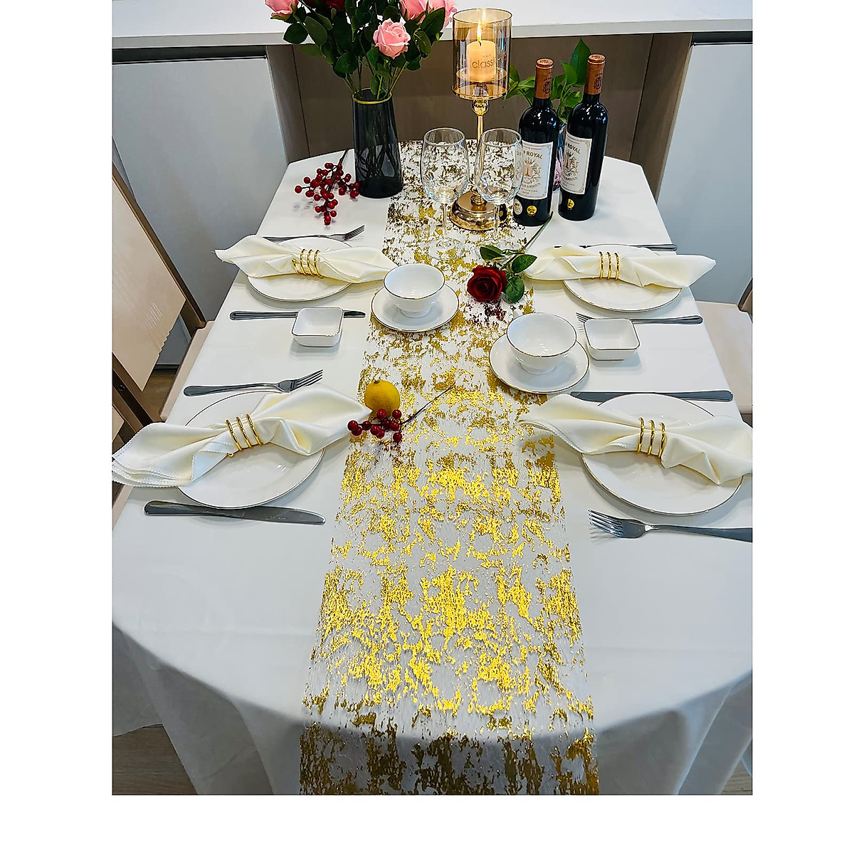 Sunlunckystar Glitter Metallic Gold Table Runner 11x108 Inch, Mesh Thin Sparkle Table Runner Roll, Table Decorations for Wedding Bridal Shower, Birthday Party, Baby Shower（1PC）