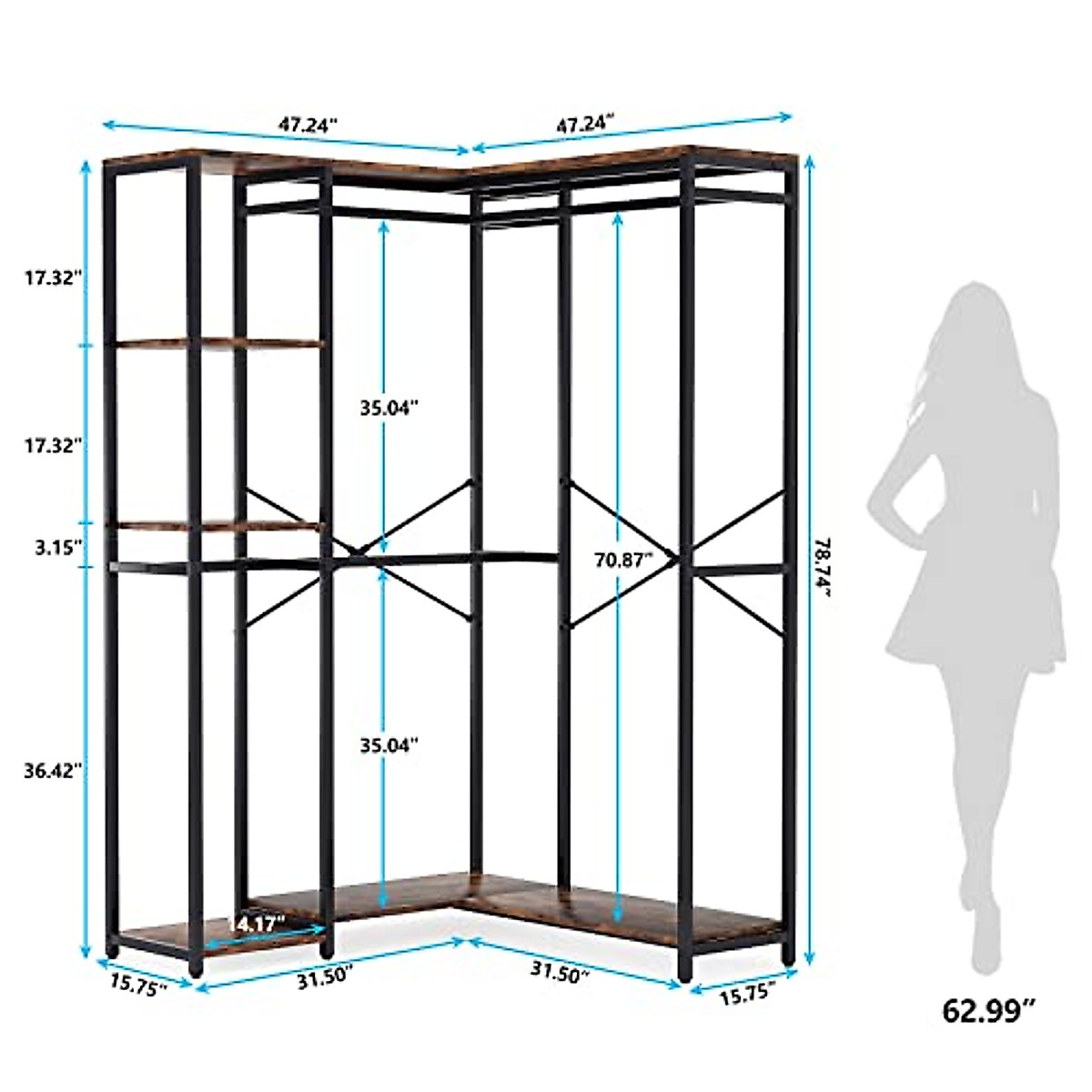 Tribesigns L-Shaped Clothes Rack for Corner, Heavy Duty Garment Rack with Shelves and Hanging Rods, Freestanding Closet Wardrobe Rack Metal Clothing Rack for Bedroom, Capacity 500lbs