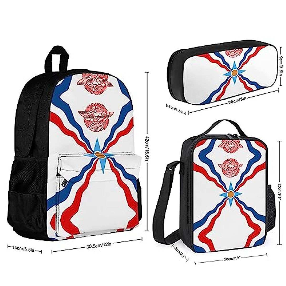 Supdreamc 3 Piece Rucksacks Sets, Flag of The Assyrians Art Shoulder Bag+Lunch Bag+Pencil Case, Daypack Backpack, Travel and Sport Backpack Rucksack, Book Bag
