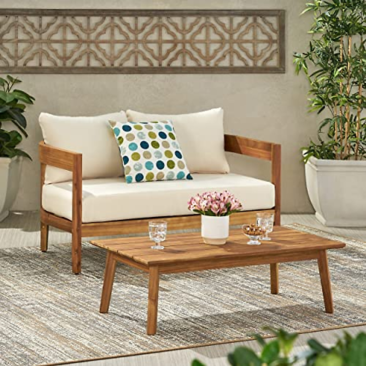 Christopher Knight Home Alina Outdoor Loveseat Set with Coffee Table, Teak Finish, Beige