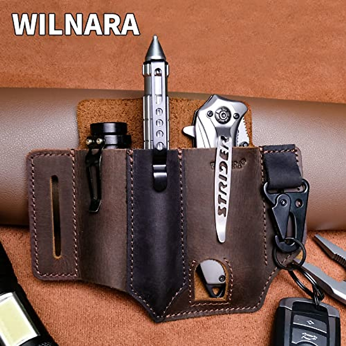 WILNARA Leather EDC Holster Multitool Sheath for Belt, Tactical Pen Holster, Flashlight Holster, Everyday Carry Retro Pocket with Keychain, Handy & Durable(Dark Brown)