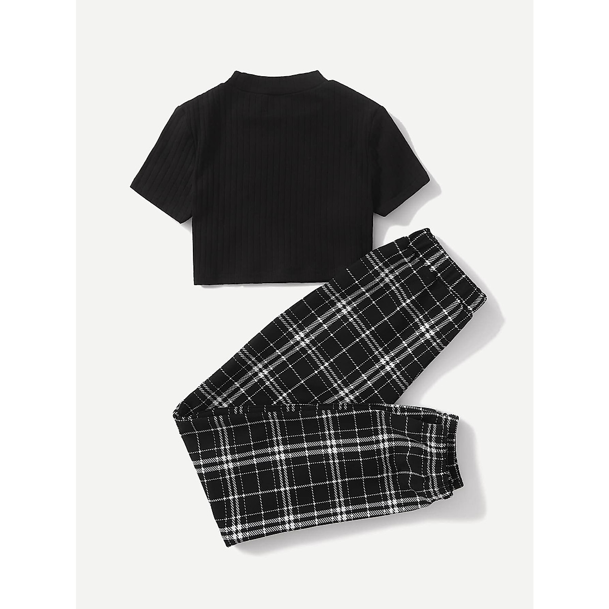 SOLY HUX Girl's Letter Print Short Sleeve Tee Top and Plaid Pants Set 2 Piece Outfits Black 11-12Y